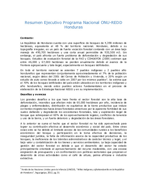 Executive Summary NP UN-REDD Honduras ESP | UNREDD Programme