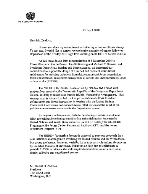 SG letter to Pres WB on REDD April 2010 | UNREDD Programme