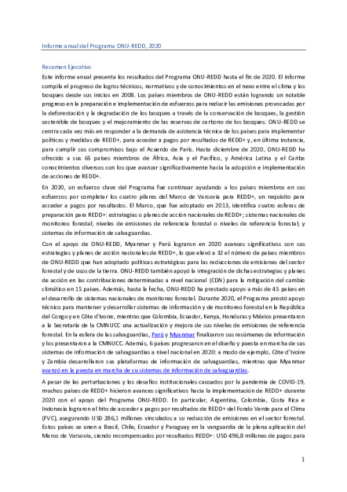 Executive Summary - UN-REDD 2020 Annual Report (SPN) | UNREDD Programme